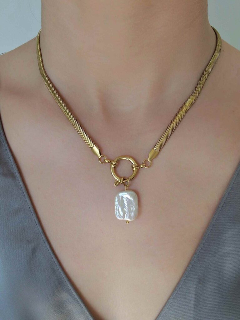 Snake Pearl necklace - Χρυσό snake με πέρλα - Anriné Jewels